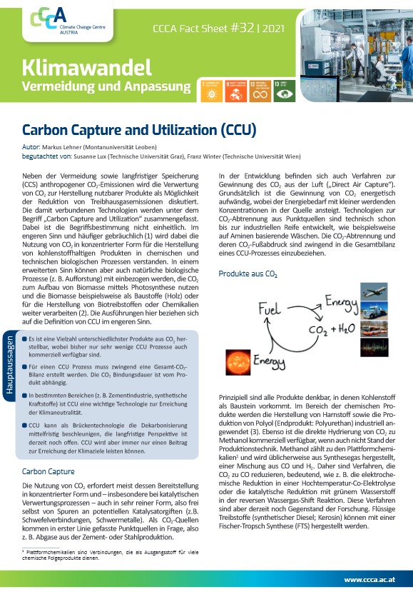 Neues CCCA Fact Sheet mit dem Titel "Carbon Capture and Utilization (CCU)" erschienen! - Climate ...